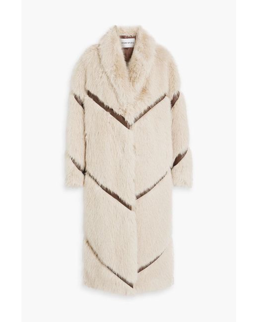 Stand Studio Everleigh Faux Leather-trimmed Faux Fur Coat in Natural | Lyst