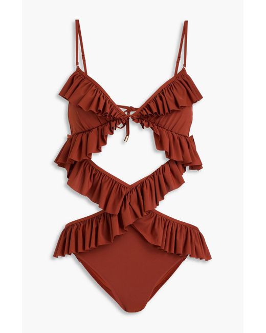 Zimmermann Ruffled Cutout Swimsuit in Brown | Lyst UK