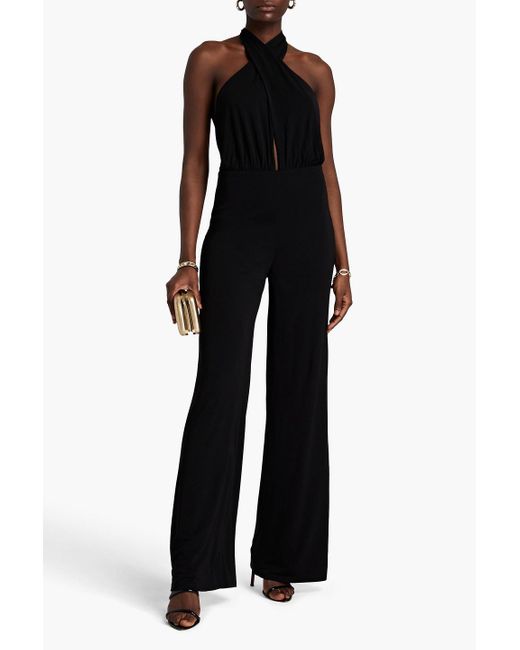 Halston Jersey Halterneck Wide Leg Jumpsuit In Black Lyst