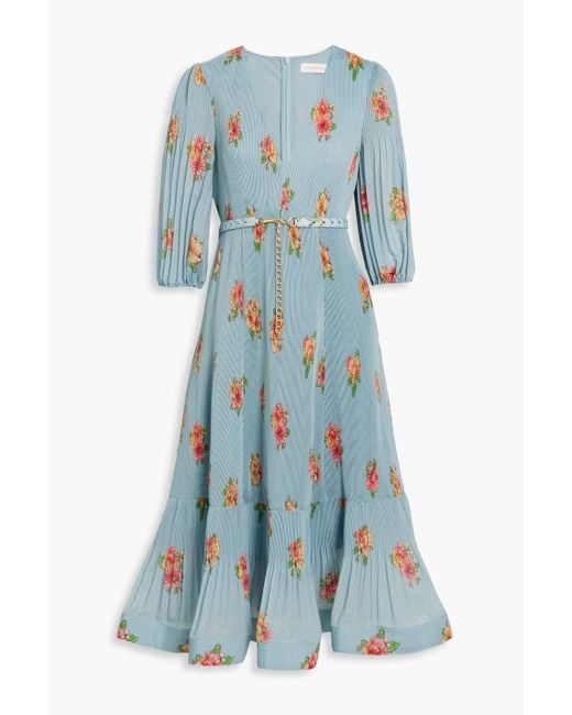 Zimmermann Belted Floral Print Plissé Organza Midi Dress In Blue Lyst