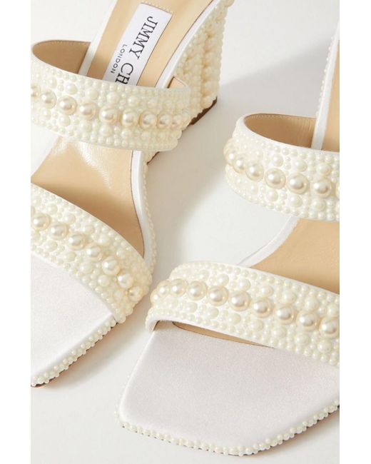 Jimmy Choo Sacoria 85 Faux Pearl-embellished Satin Wedge Sandals in White | Lyst