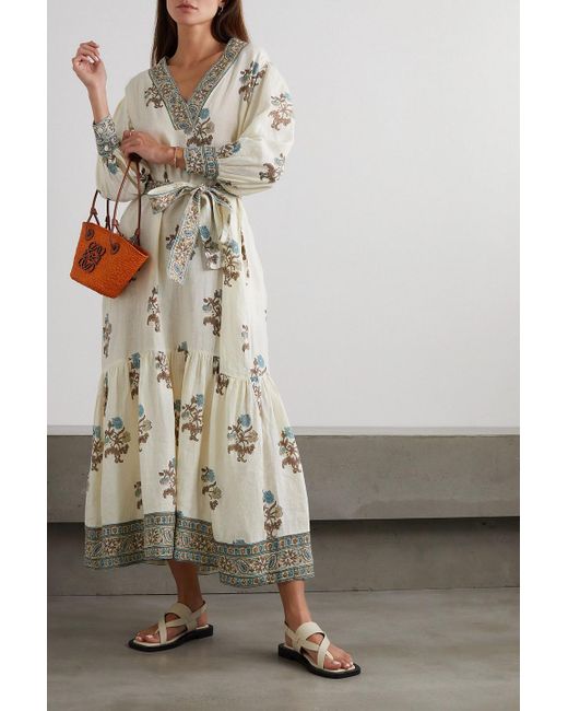 Hannah Kiya Belted Floral Print Linen Maxi Dress In Natural Lyst Uk
