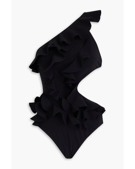 Zimmermann Devi One-shoulder Ruffled Cutout Swimsuit in Black | Lyst