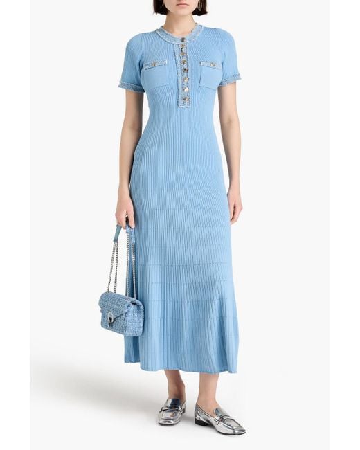 Sandro Denim-trimmed Ribbed Pointelle-knit Midi Dress in Blue | Lyst UK