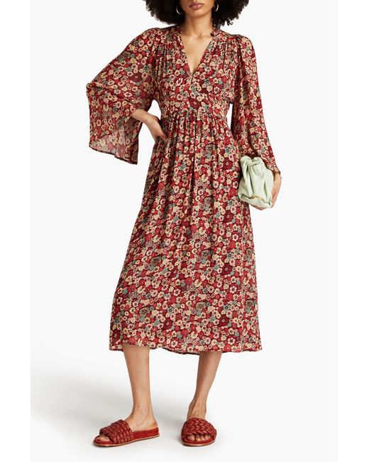 Antik Batik Colline Floral-print Crepe De Chine Midi Dress in Red | Lyst