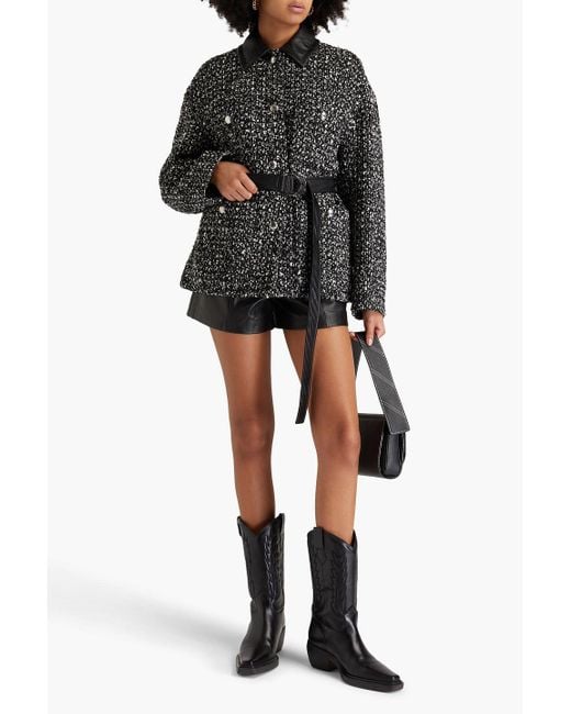 Maje Belted Boucle-tweed Jacket in Black | Lyst UK