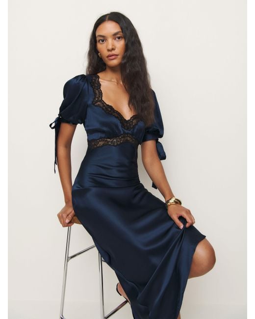 Reformation Short Puff Sleeve Lace Maxi Dress in Blue | Lyst