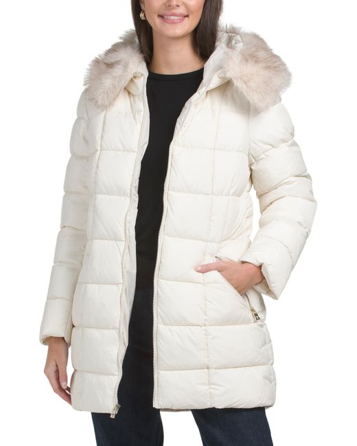 TJ Maxx Brie Faux Fur Trim Puffer Coat, Polyester in White | Lyst