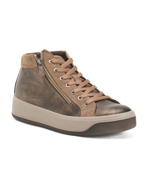 TJ Maxx Leather Sneakers With Lateral Zip For Leather/Suede in Brown | Lyst