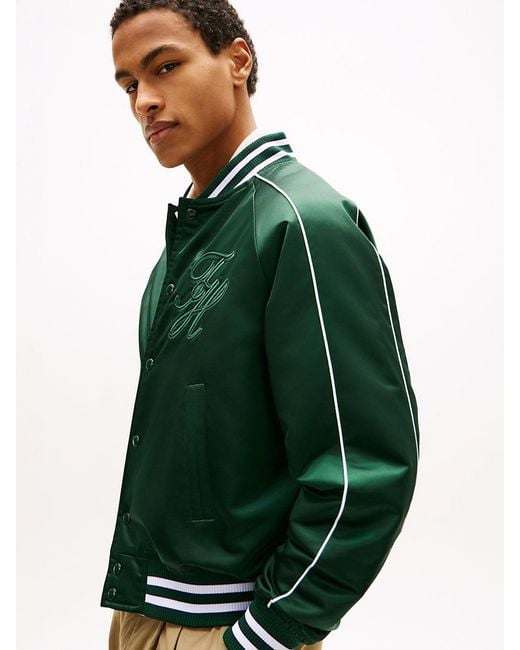 Tommy Hilfiger Logo Embroidery Relaxed Varsity Jacket in Green for Men ...