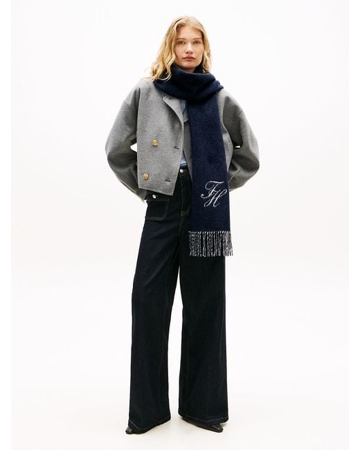 Tommy Hilfiger Pure Wool Logo Fringe Scarf in Blue | Lyst UK