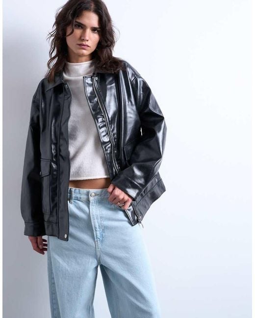 TOPSHOP Faux Leather Shiny Mottled Patch Pocket Shacket in Blue | Lyst UK