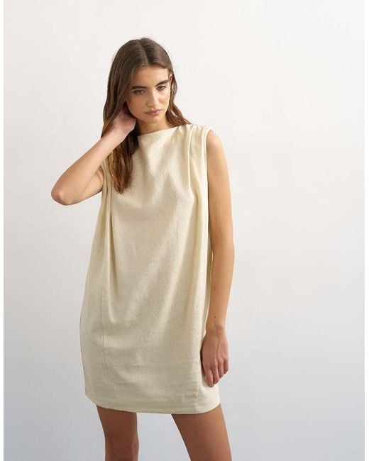 TOPSHOP Linen Rich Exaggerated Shoulder Mini Dress in Natural | Lyst UK
