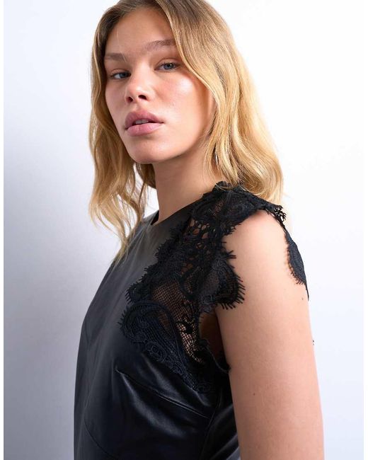 TOPSHOP Leather Lace Insert Grown On Shoulder Midi Dress in White | Lyst UK