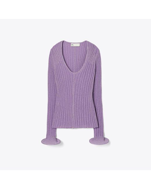 Tory Burch U-Neck Metallic Hoop Top in Purple | Lyst