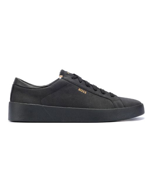 BOSS Tumbled Leather Tennis Sneakers in Black for Men | Lyst