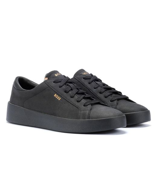 BOSS Tumbled Leather Tennis Sneakers in Black for Men | Lyst