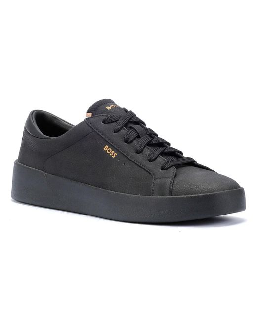 BOSS Tumbled Leather Tennis Sneakers in Black for Men | Lyst