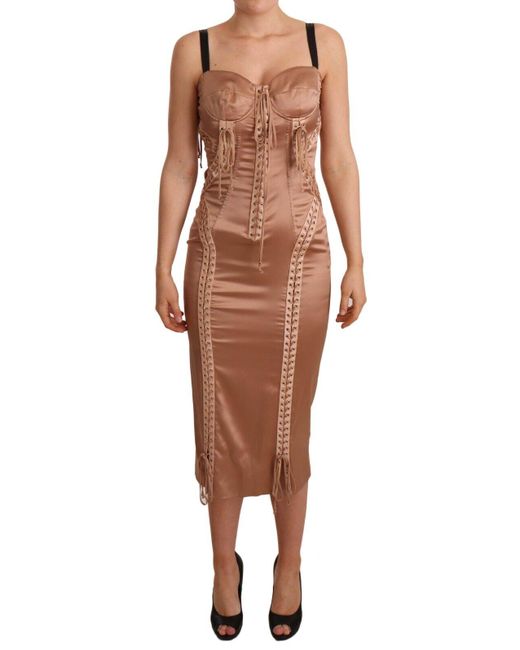 Dolce And Gabbana Nude Silk Bustier Corset Lace Up Bodycon Dress In Beige