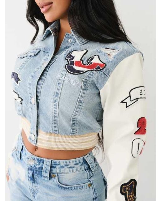 True Religion Patch Varsity Denim Crop Jacket in Blue | Lyst