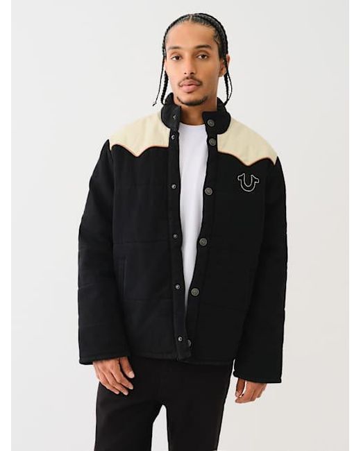 True Religion Western Denim Puffer Jacket in Black for Men | Lyst