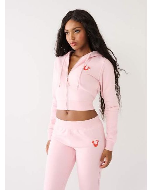 True Religion Big T Logo Zip Crop Hoodie in Pink | Lyst