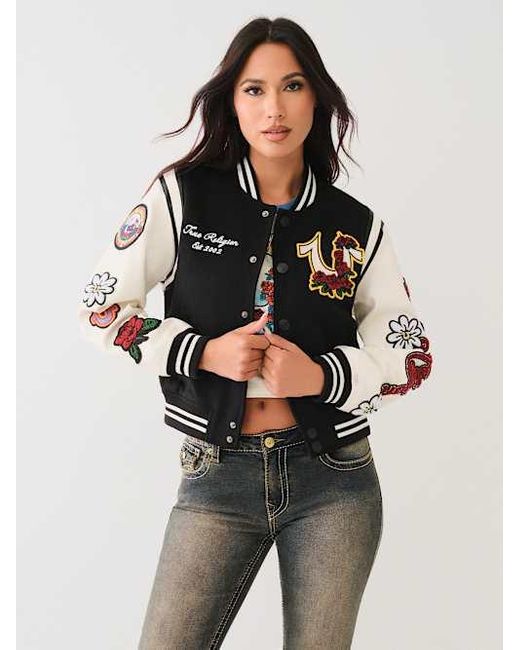 True Religion Embroidered Patch Varsity Jacket in Black | Lyst