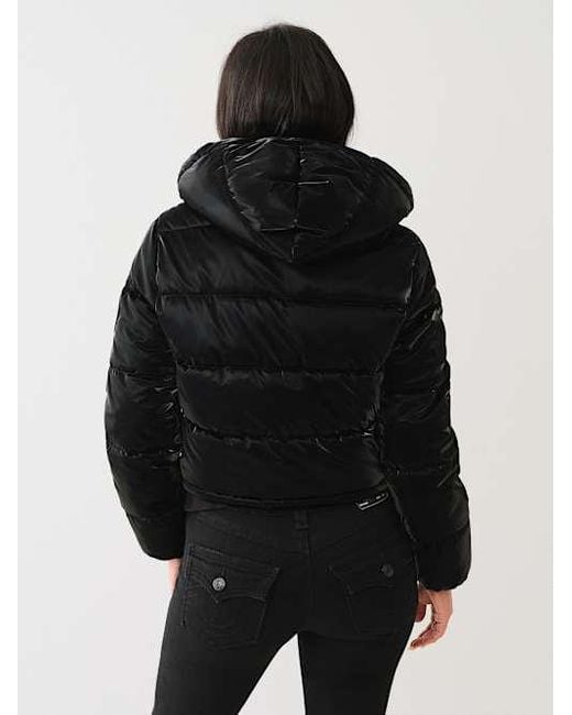 True Religion Faux Patent Leather Hooded Puffer Jacket in Black | Lyst