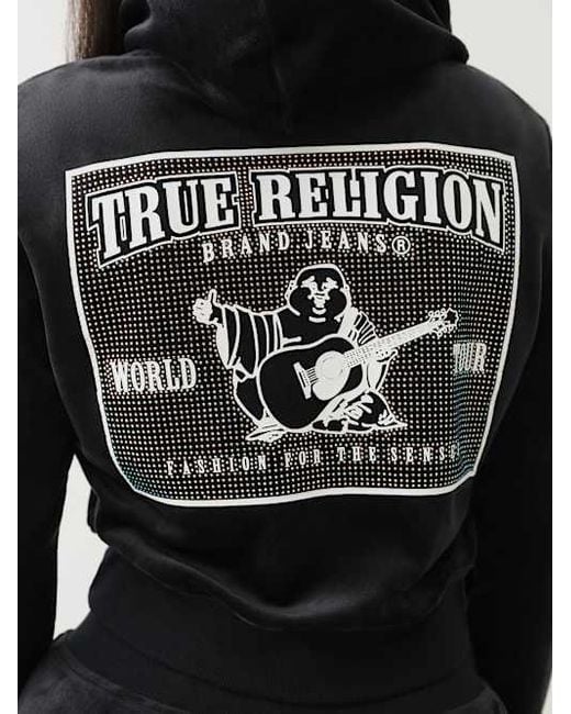 True Religion Velour Crystal Shrunken Zip Hoodie in Pink | Lyst