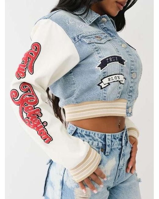 True Religion Patch Varsity Denim Crop Jacket in Blue | Lyst