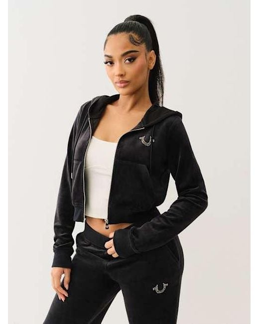 True Religion Velour Crystal Shrunken Zip Hoodie in Pink | Lyst