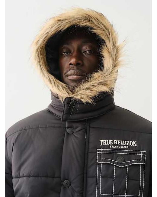 True Religion Fur Hood Big T Puffer Jacket in Red for Men | Lyst