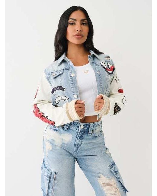 True Religion Patch Varsity Denim Crop Jacket in Blue | Lyst