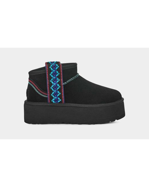 UGG Classic Ultra Mini Braid Platform Suede Classic Boots in Black ...