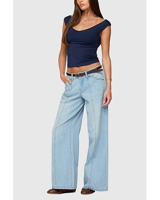 Edikted Charlie Panel Stitch Low Rise Jeans in Blue | Lyst