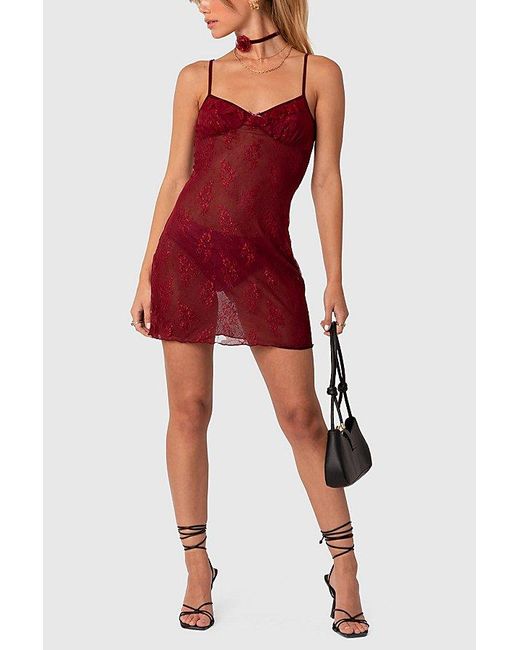 Edikted Madame Sheer Lace Mini Dress in Red | Lyst