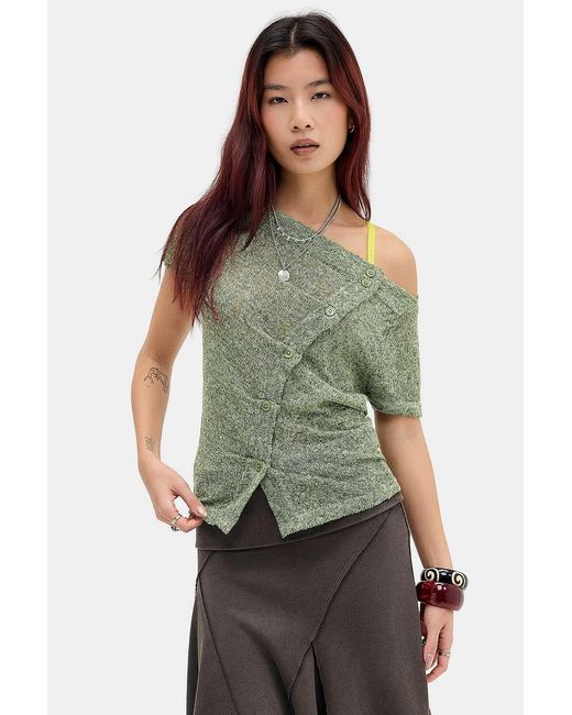 BDG Rue Slash Neck Asymmetric Button Knit Top in Green | Lyst UK