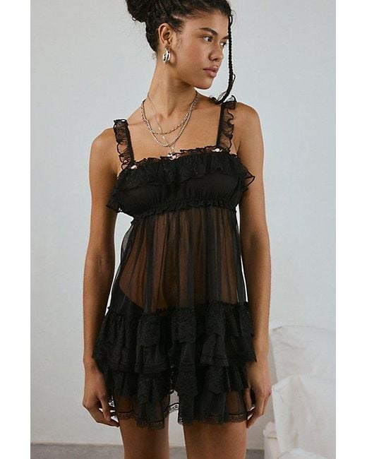 Out From Under Tiered Ruffle Sheer Mesh Slip Dress in Black | Lyst