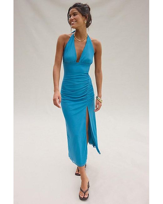 Urban Outfitters Uo Deep Plunge Halter Ruched Mesh Midi Dress in Blue ...