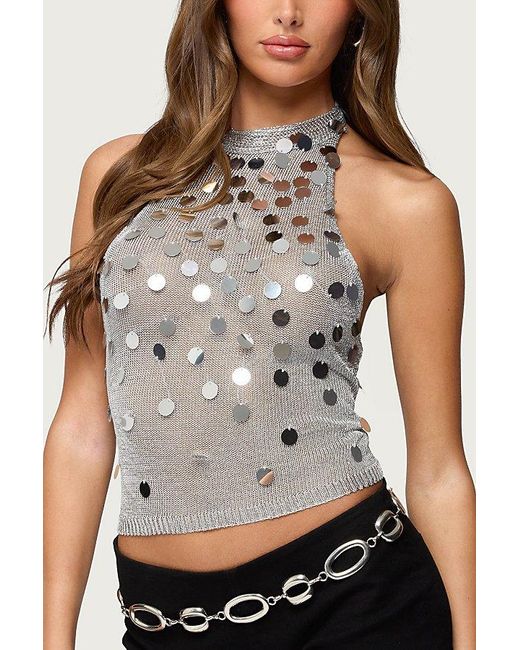 Edikted Shiny Sequin Backless Halter Top in Gray | Lyst