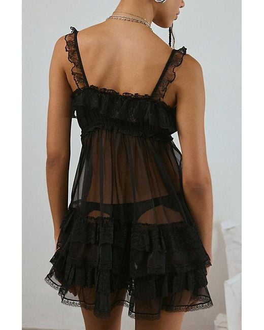 Out From Under Tiered Ruffle Sheer Mesh Slip Dress in Black | Lyst