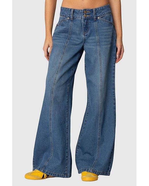 Edikted Charlie Panel Stitch Low Rise Jeans in Blue | Lyst