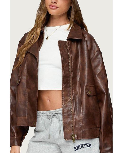 Edikted Ardella Oversized Faux Leather Jacket in Brown | Lyst