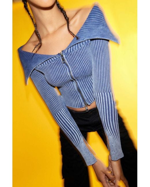 Jaded London Off-the-shoulder Zip-up Cardigan in Blue | Lyst