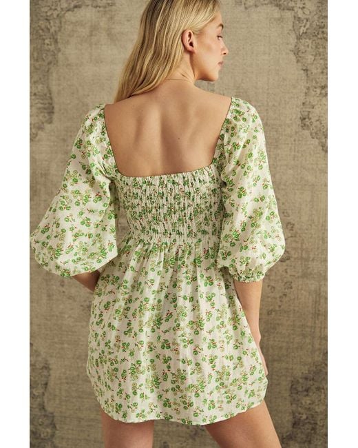 Urban Outfitters Linen Uo Sofia Green Floral Puff Sleeve Dress In Cream