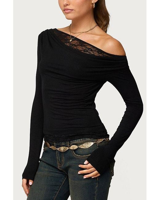 Edikted Layered Lacey Off Shoulder Top in Black | Lyst