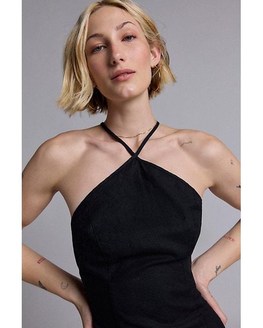 Urban Outfitters Uo Riley Y-Neck Linen-Blend Mini Dress in Black | Lyst