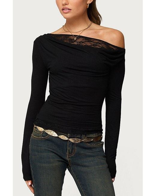 Edikted Layered Lacey Off Shoulder Top in Black | Lyst