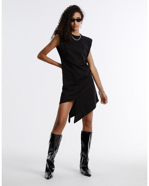 Urban Revivo Cotton Shoulder Pad Asymmetrical Mini Dress In Black Lyst