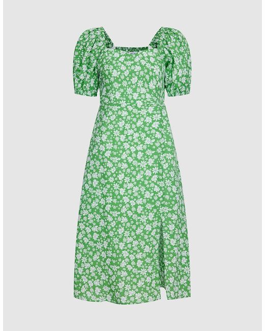 Urban Revivo Cotton Floral Print Puff Sleeve Split Hem Dress In Green